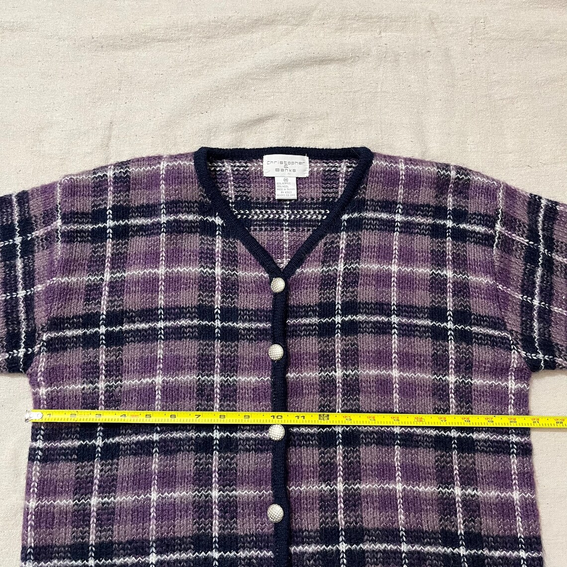 Vintage 90s Christopher Banks Plaid Wool Knit Cardigan Sweater Purple ...