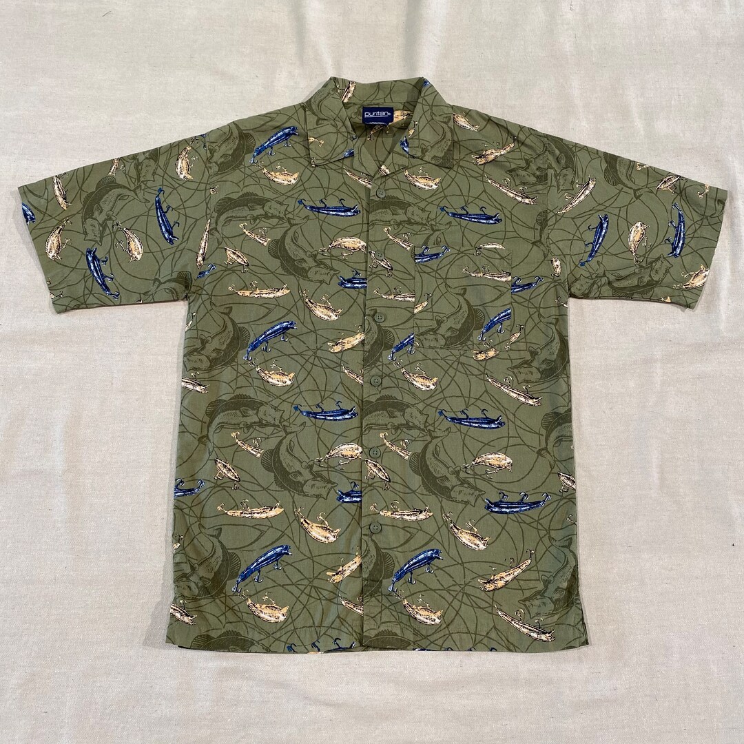 Vintage 90s Puritan Fishing Lure Button Down Shirt Green Small - Etsy