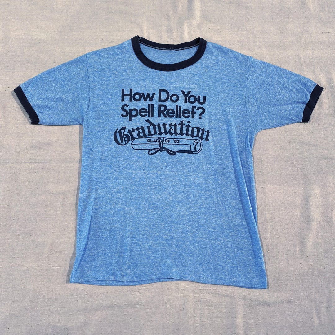 Vintage 80s Graduation College Grad Graphic Ringer T-shirt Blue Large ...