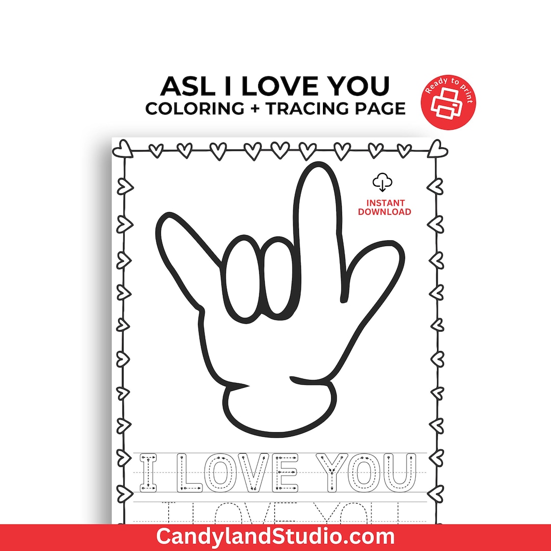 ASL ILY I Love You Coloring Tracing Page for Elementary Kindergarten ...