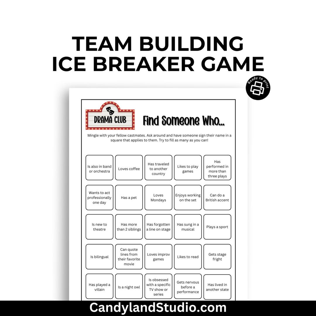Drama Club Find Someone Who Icebreaker Bingo Game Printable for Teen ...