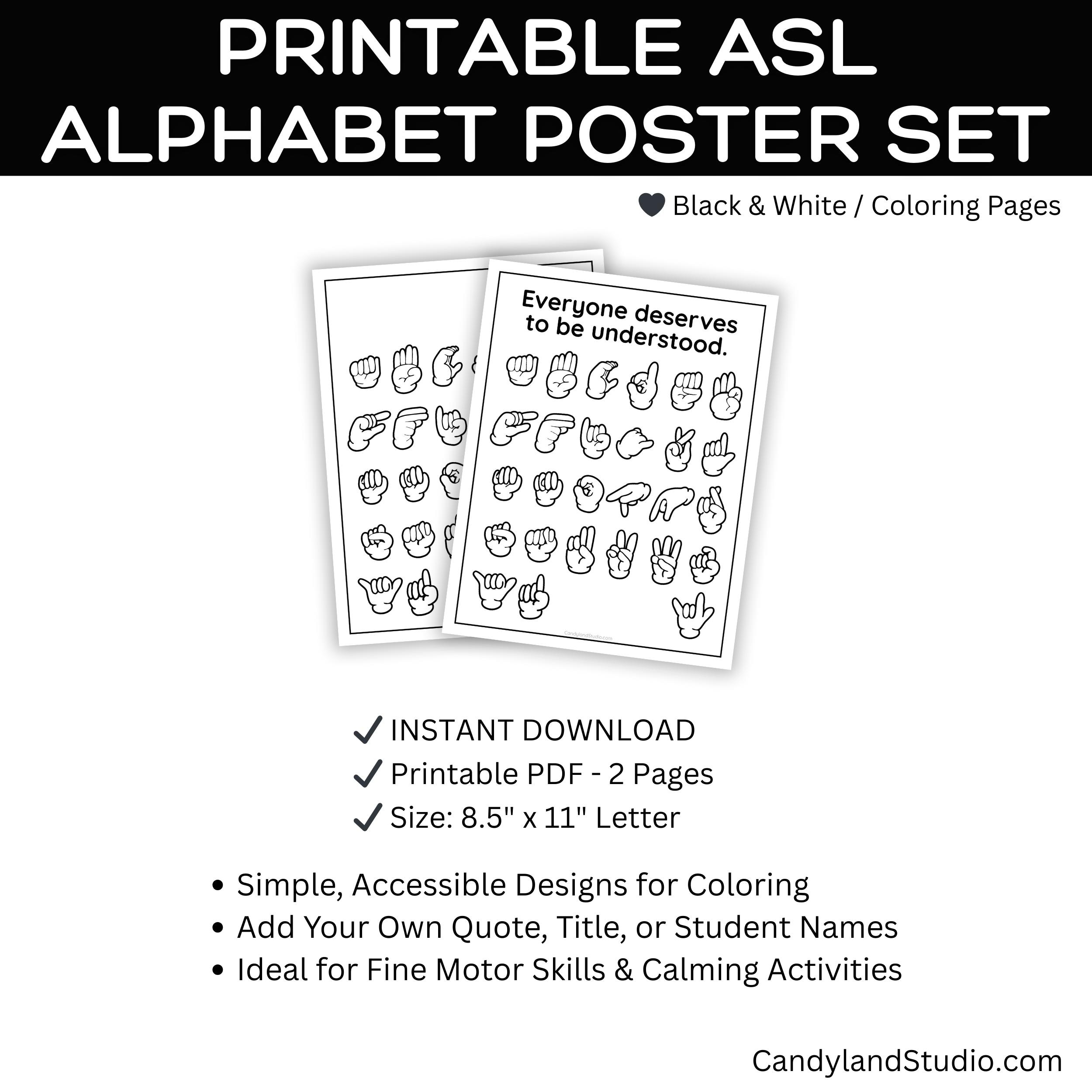 ASL Alphabet Coloring Pages Printable, Sign Language PDF, Black & White ...