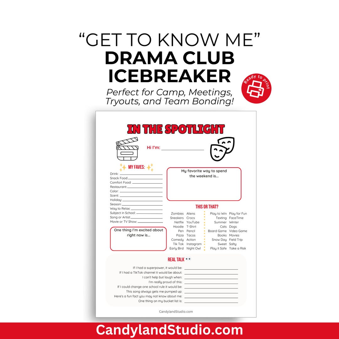 Drama Club Get to Know Me You Team Building Ice Breaker Printable ...