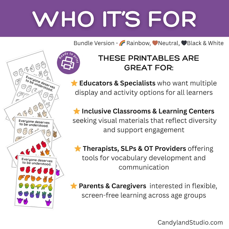 ASL Alphabet Poster Printable Bundle, Rainbow, Neutral, Black and White ...