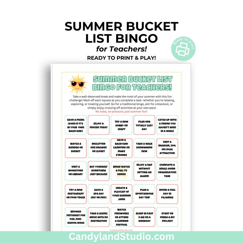Summer Bucket List Bingo Card for Teachers, Printable Self-care Easy ...
