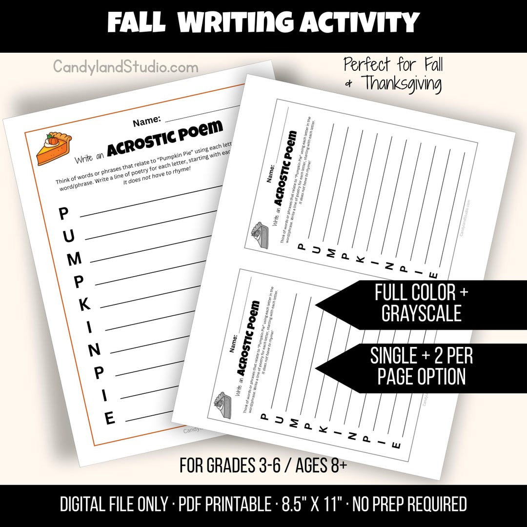 Fall Literacy Acrostic Poem Activity for Classroom Quiet Time Activity ...