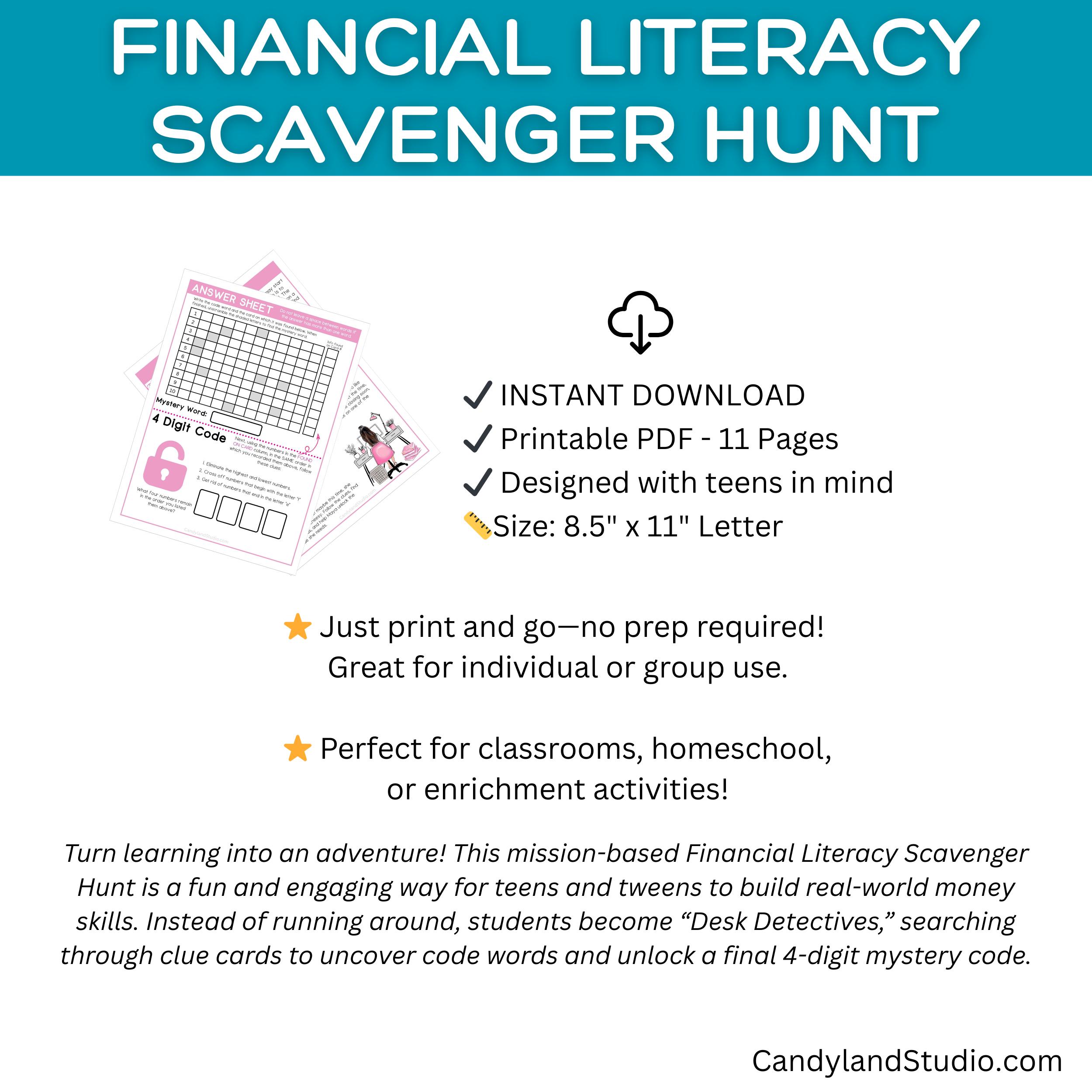 Financial Literacy Printable Scavenger Hunt for Middle High School ...