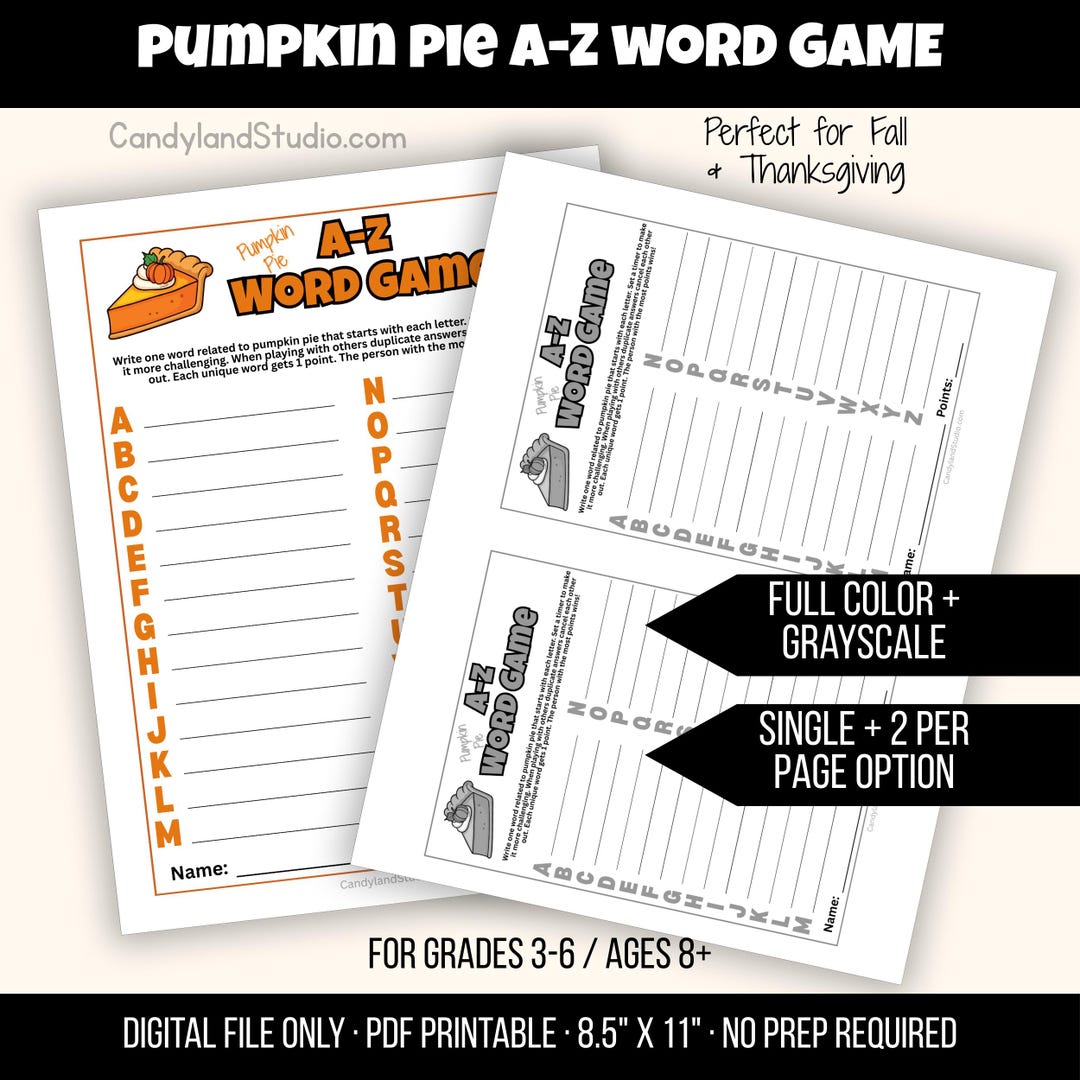 Fall Theme Pumpkin Pie A-Z Word Game for Classroom Quiet Time Activity ...