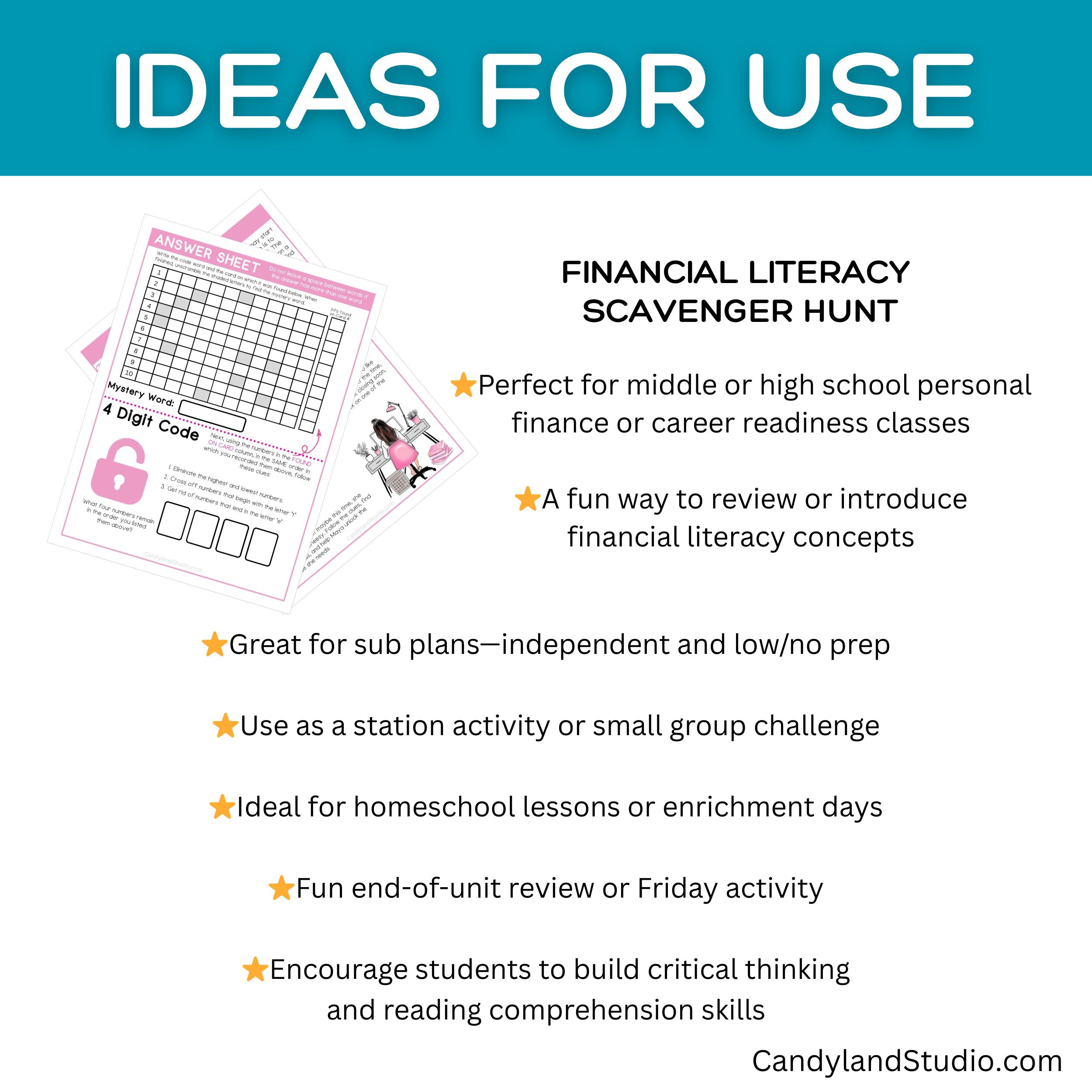Financial Literacy Printable Scavenger Hunt for Middle High School ...