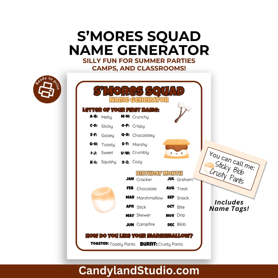 S’mores Squad Name Generator Game, Printable Campfire Activity With ...