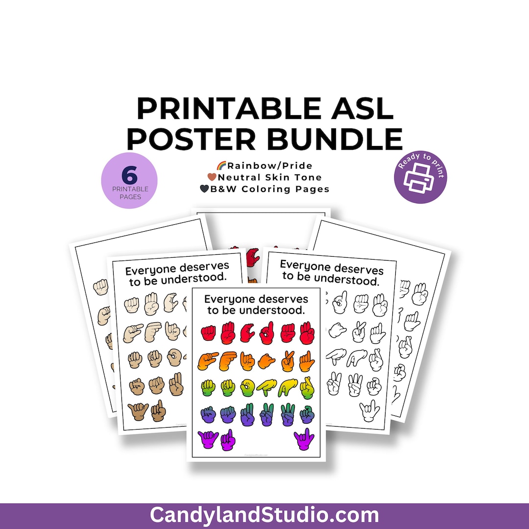 ASL Alphabet Poster Printable Bundle, Rainbow, Neutral, Black and White ...
