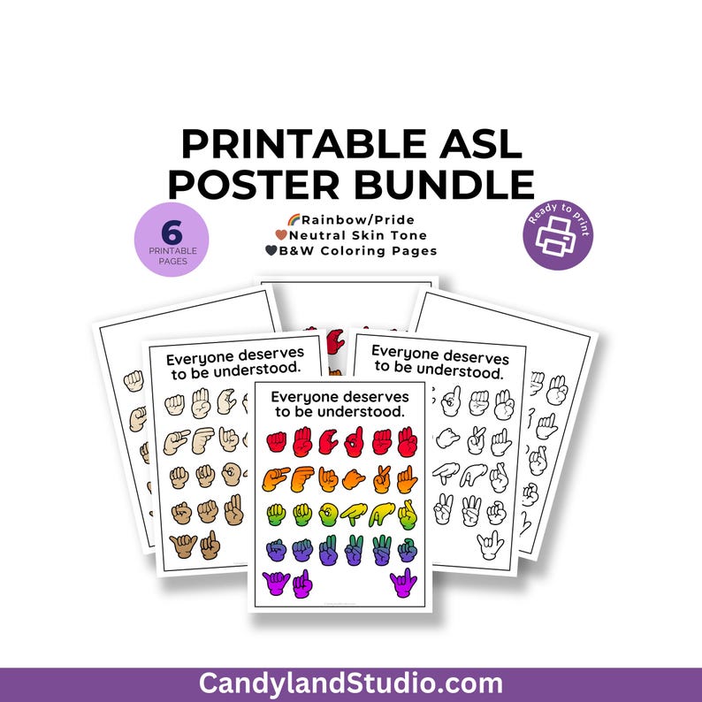 ASL Alphabet Poster Printable Bundle, Rainbow, Neutral, Black and White ...