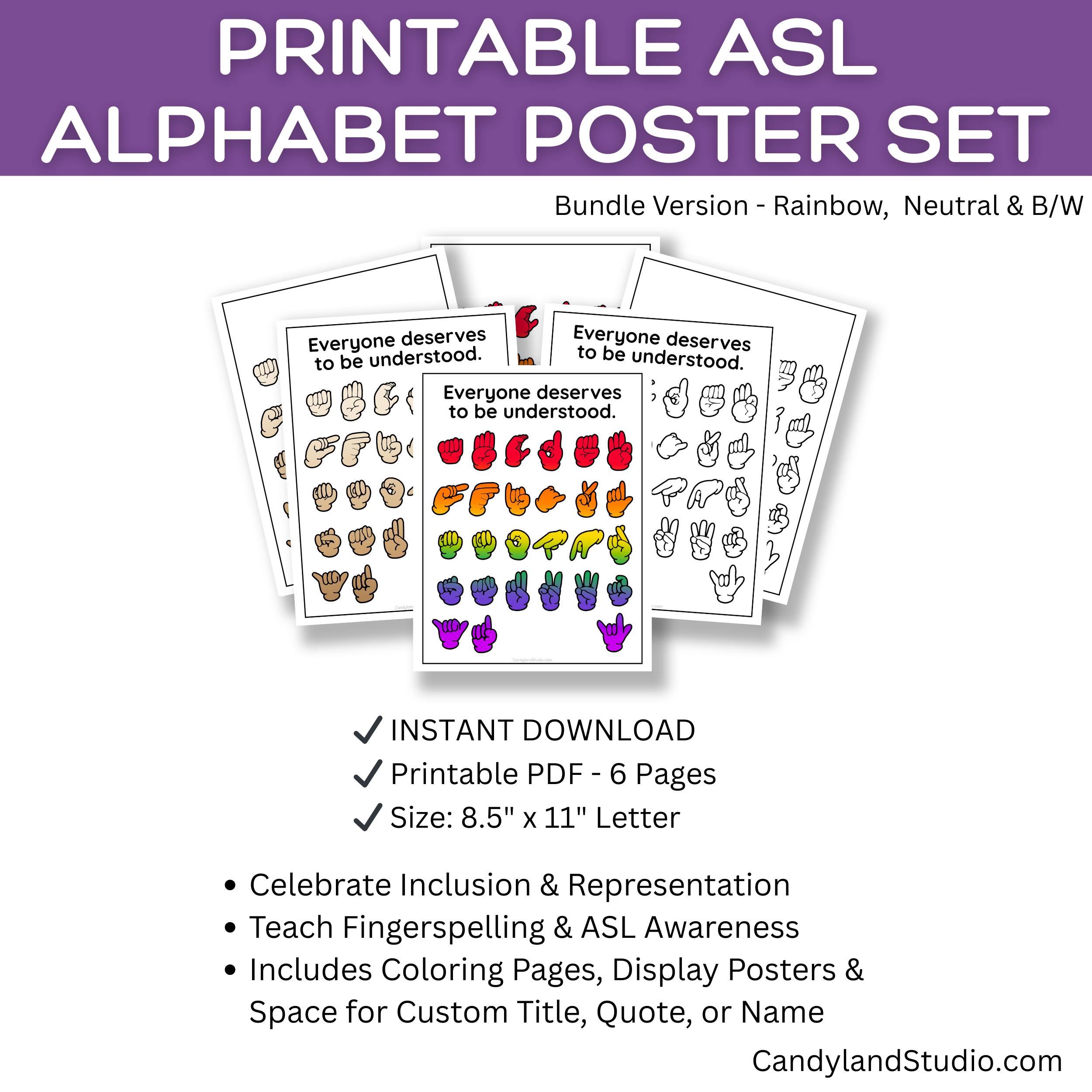 ASL Alphabet Poster Printable Bundle, Rainbow, Neutral, Black and White ...
