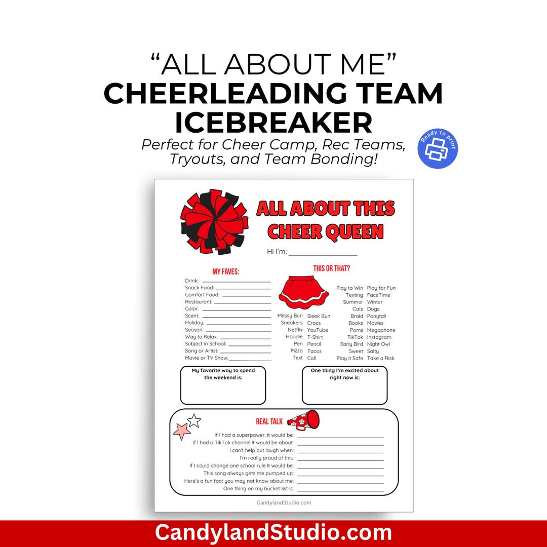 Cheer Team Icebreaker Printable All About Me for Cheerleader Camp ...