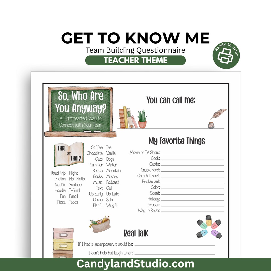 Team Building Get to Know Me Questionnaire Printable Teacher School ...