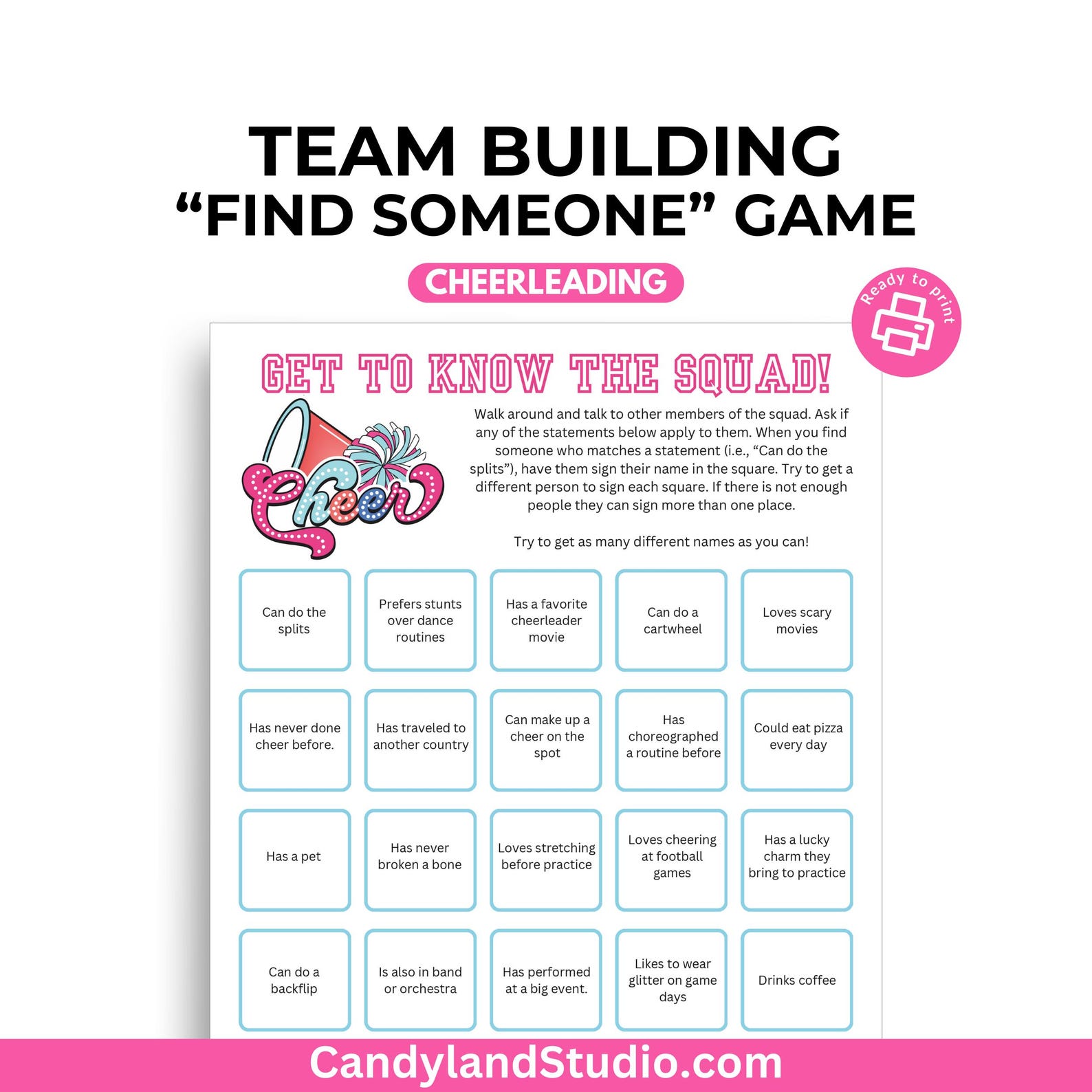 Cheer Squad Find Someone Who Team Building Ice Breaker Game Printable ...