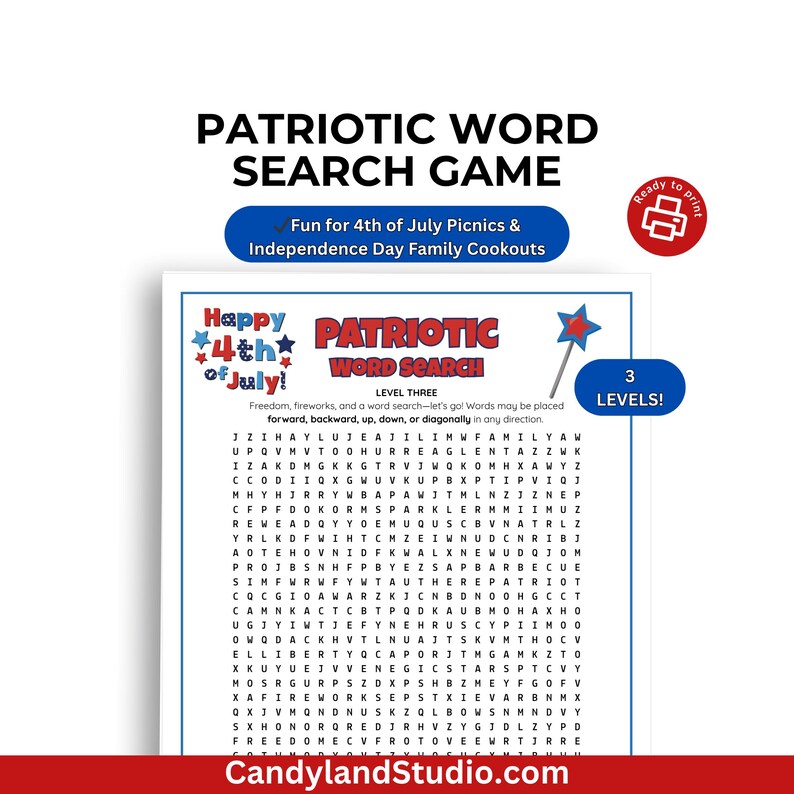 Patriotic Word Search Puzzle Game, 3 Levels for 4th of July Office ...