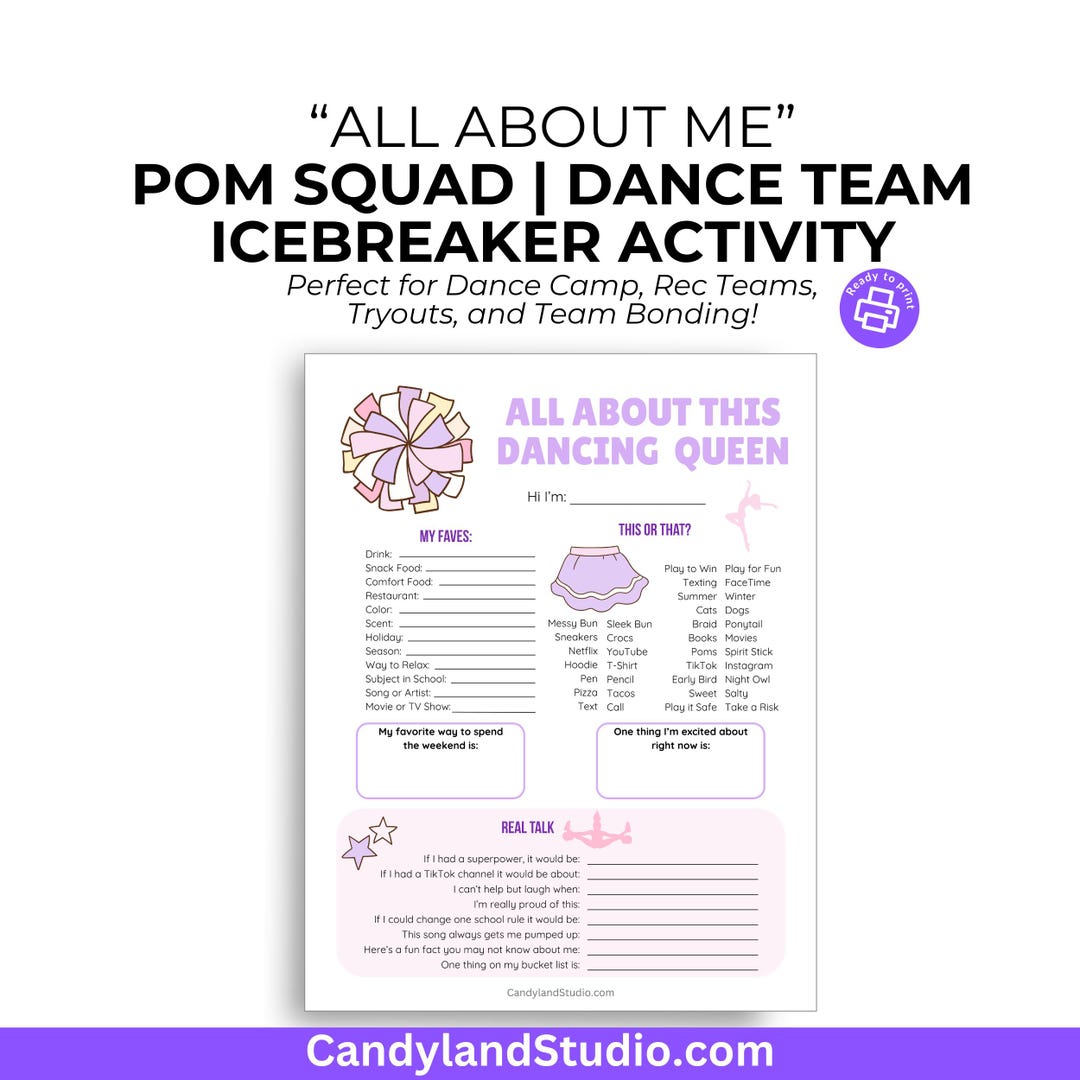 Poms Squad Icebreaker Printable “all About Me” Questionnaire for Dance ...