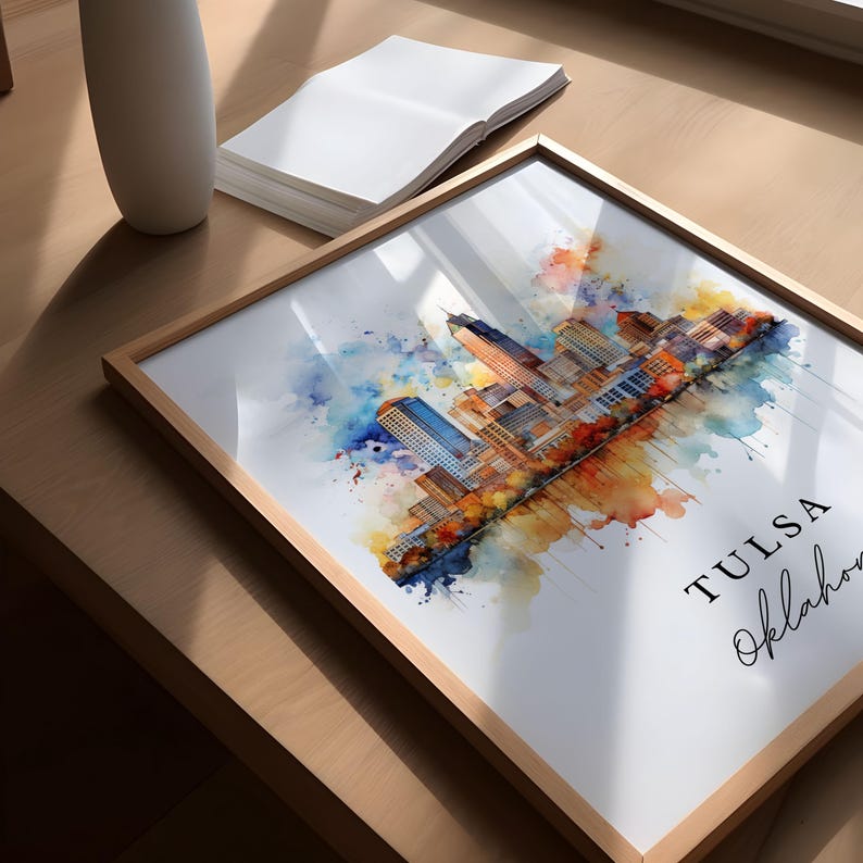 Tulsa Oklahoma Watercolor Skyline Art Print, Travel Poster - Etsy