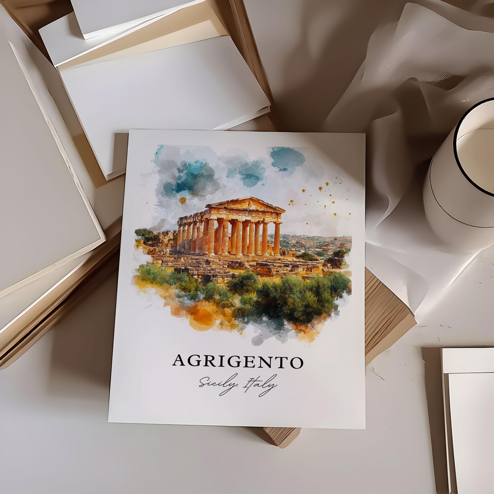 Agrigento Wall Art, Sicily Italy Print, Sicily Watercolor Art ...