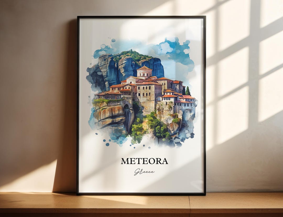 Meteora Wall Art, Meteora Greece Print, Greece Watercolor Art, Trikala ...