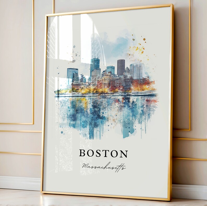 Boston MA Wall Art, Boston Print, Boston Harbor Watercolor Art, Boston ...