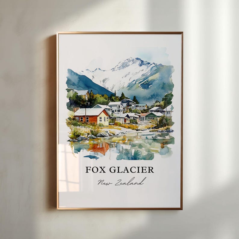 Fox Glacier Art, Fox Glacier Village Print, Te Moeka O Tuawe Watercolor ...