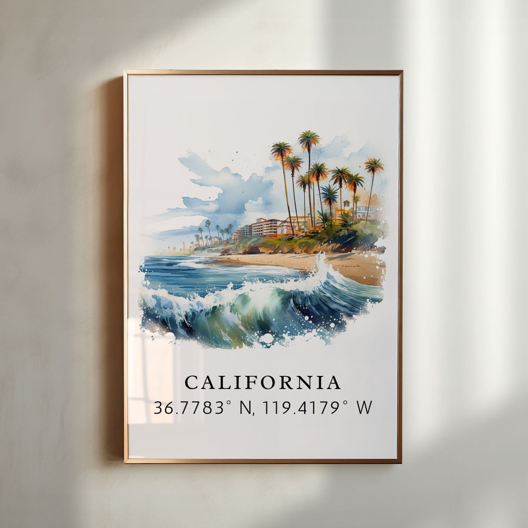 California Watercolor Travel Art - West Coast, California State Print ...