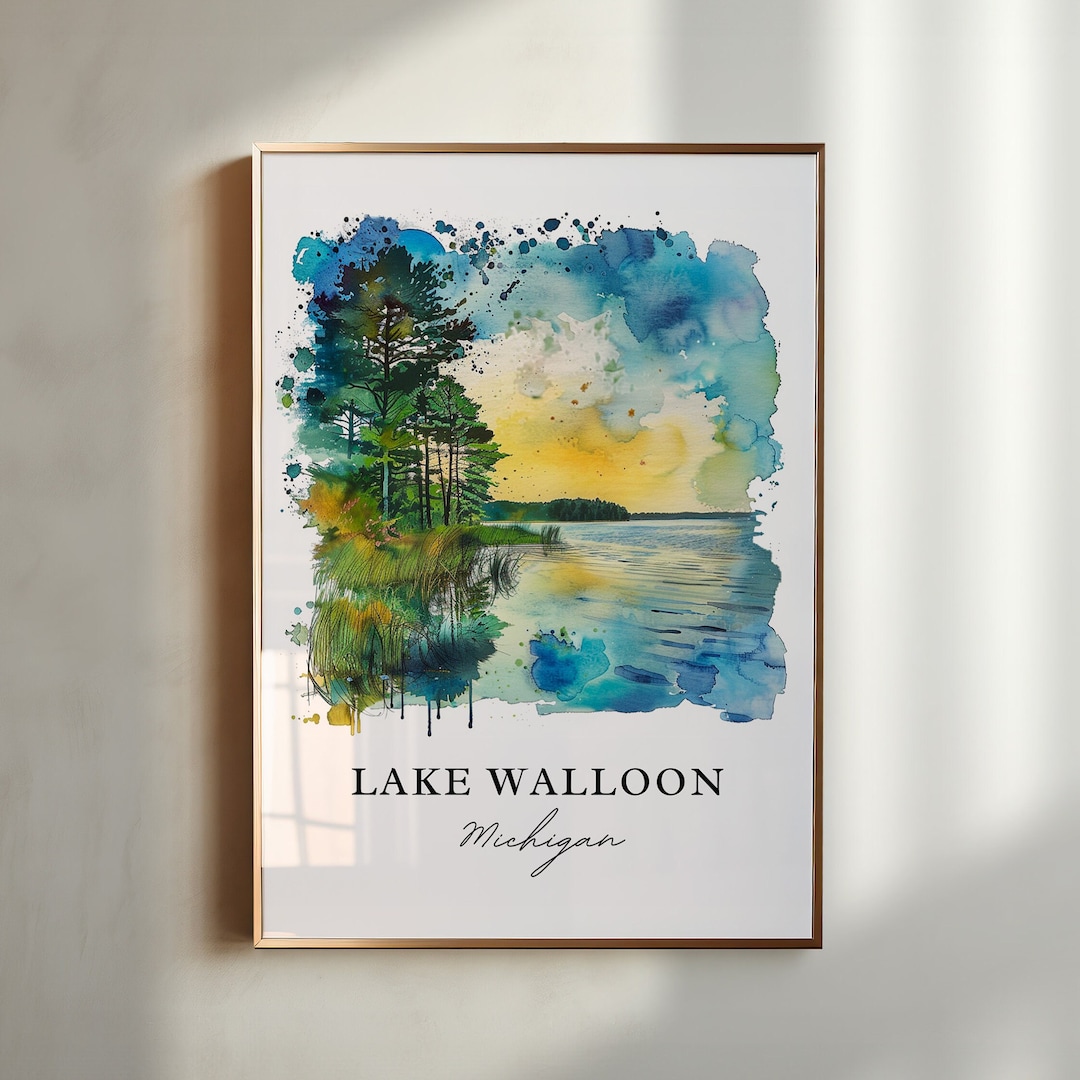 Lake Walloon Wall Art, Lake Walloon MI Print, Great Lakes Watercolor ...