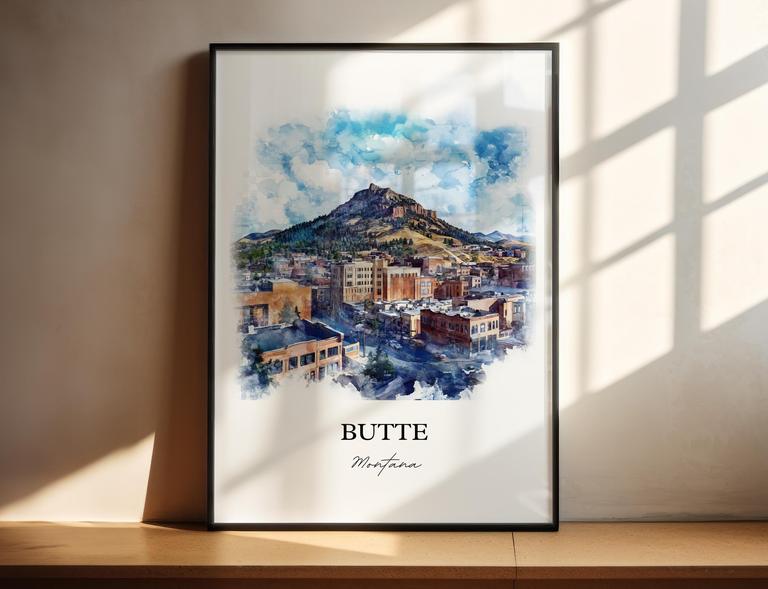 Butte MT Wall Art, Silver Bow County Print, Montana Watercolor Art ...