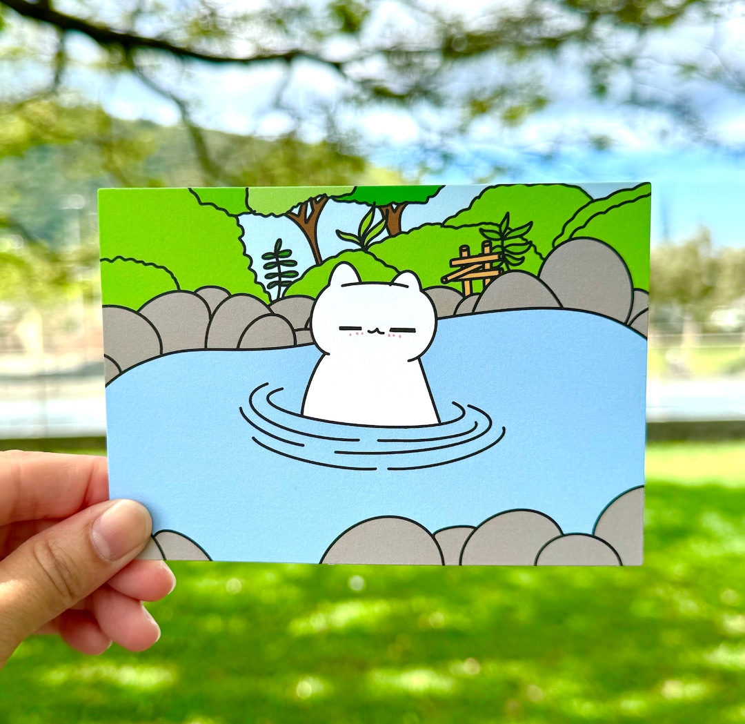 Cat Onsen Card: Whimsical Hot Spring Greeting Card - Etsy