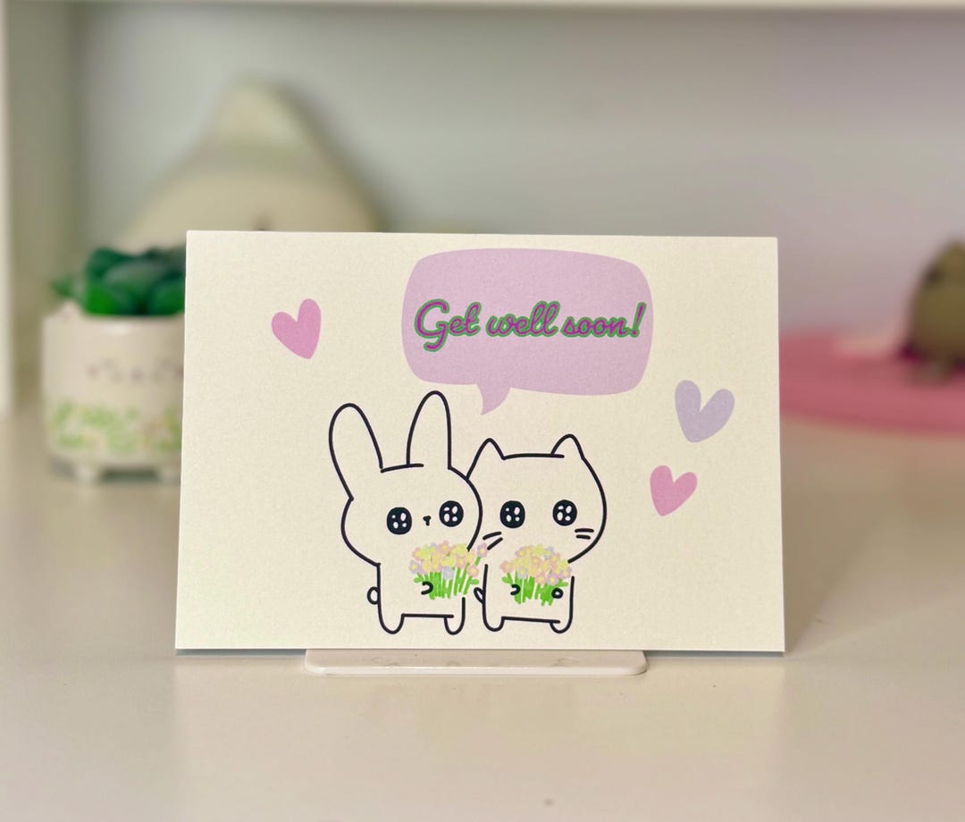 Get Well Soon Card With Bunny and Cat - Card for Animal Lovers - Etsy