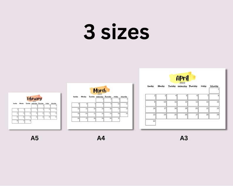 2023 Monthly Calendar Printable Landscape A3, A4, A5 Printable Calendar ...