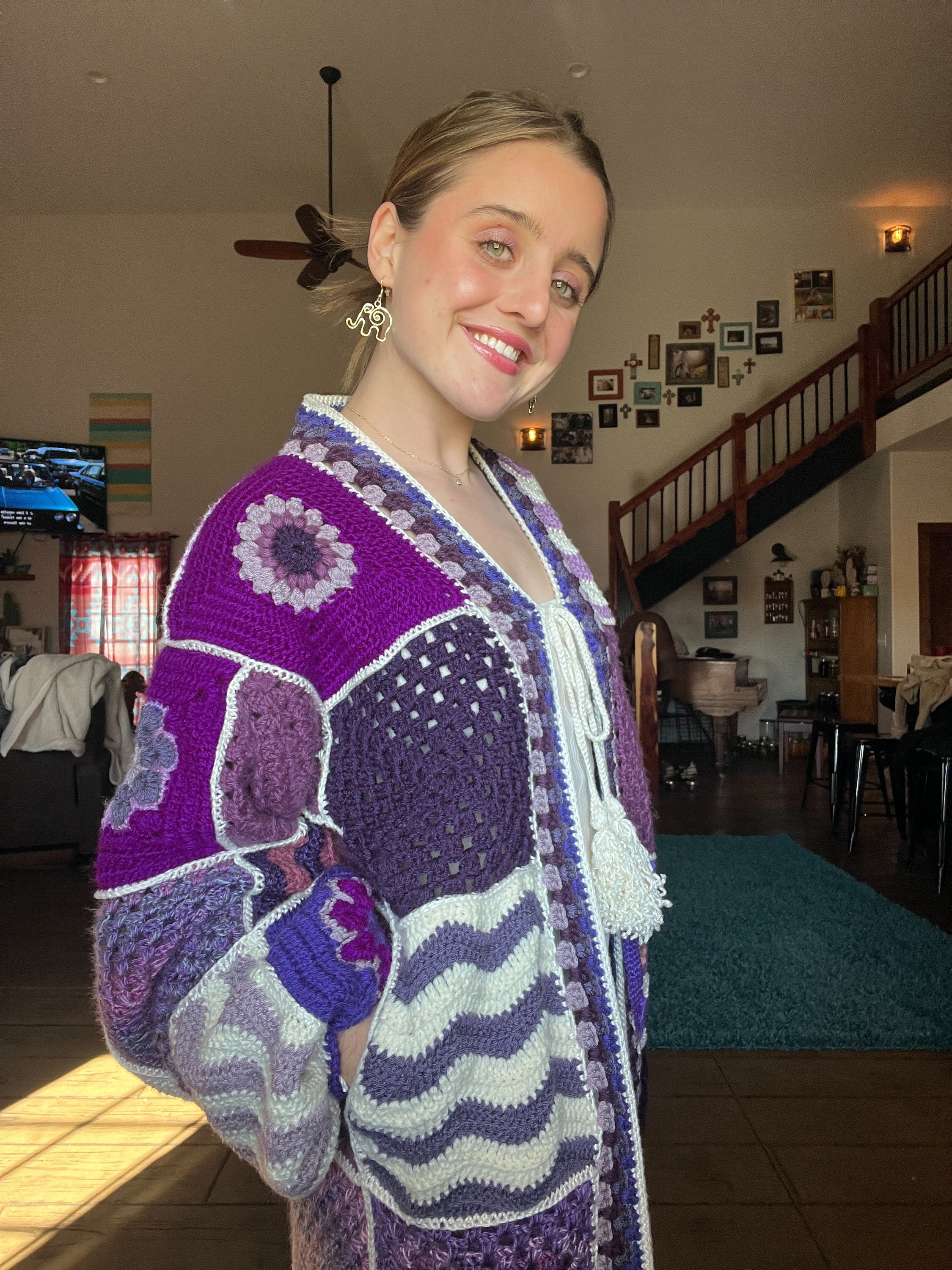 Purple Monochromatic Crochet Patchwork Oversized Maxi Cardigan With ...