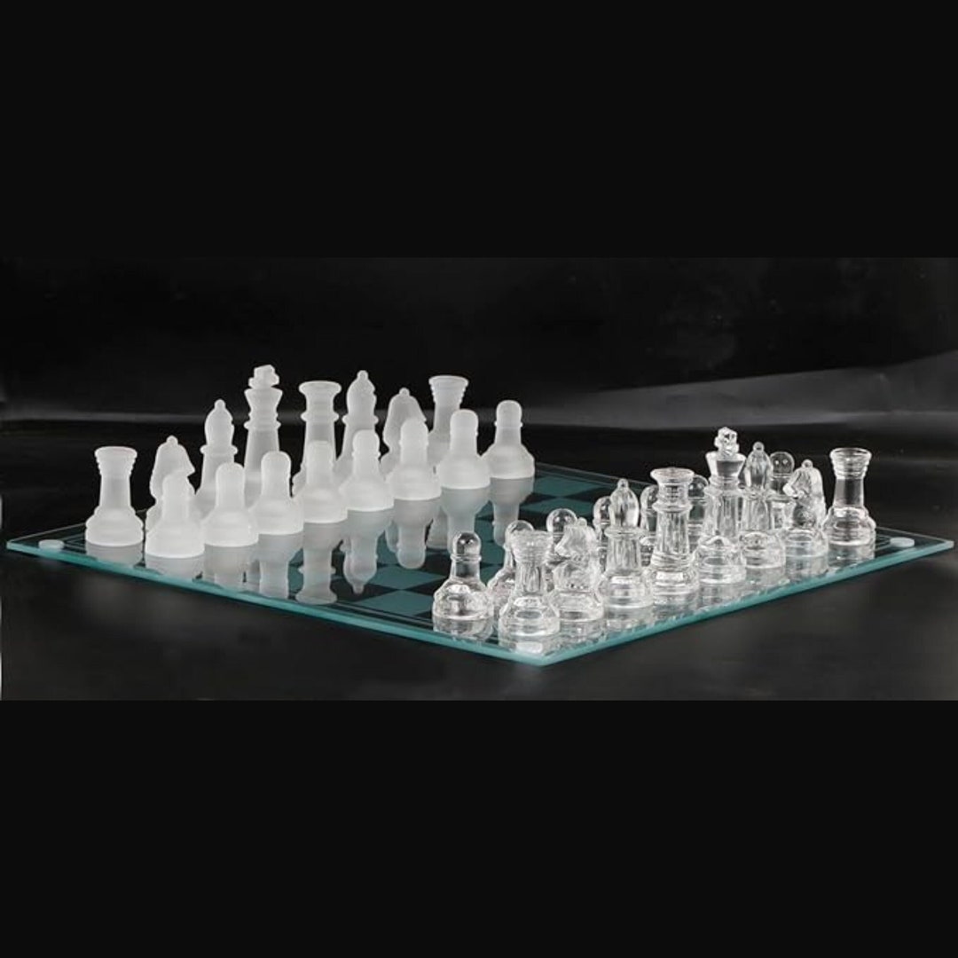 Elegant Glass Chess Set Frosted & Clear Pieces With Reflective Board ...