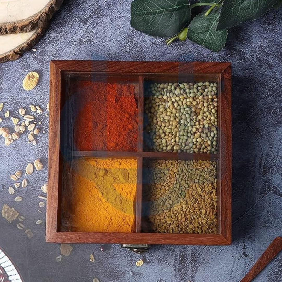 Wooden Handcrafted Spice Box With 4 Compartments & Spoon | Rose Wood ...