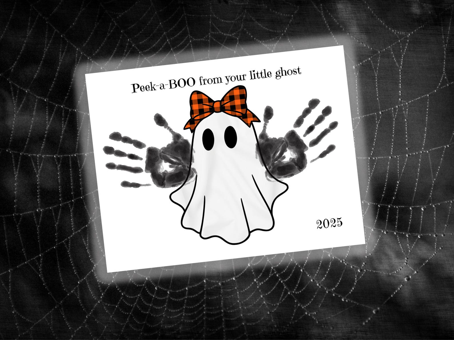 Halloween Handprint Keepsake, Halloween Ghost With Orange Plaid Bow ...