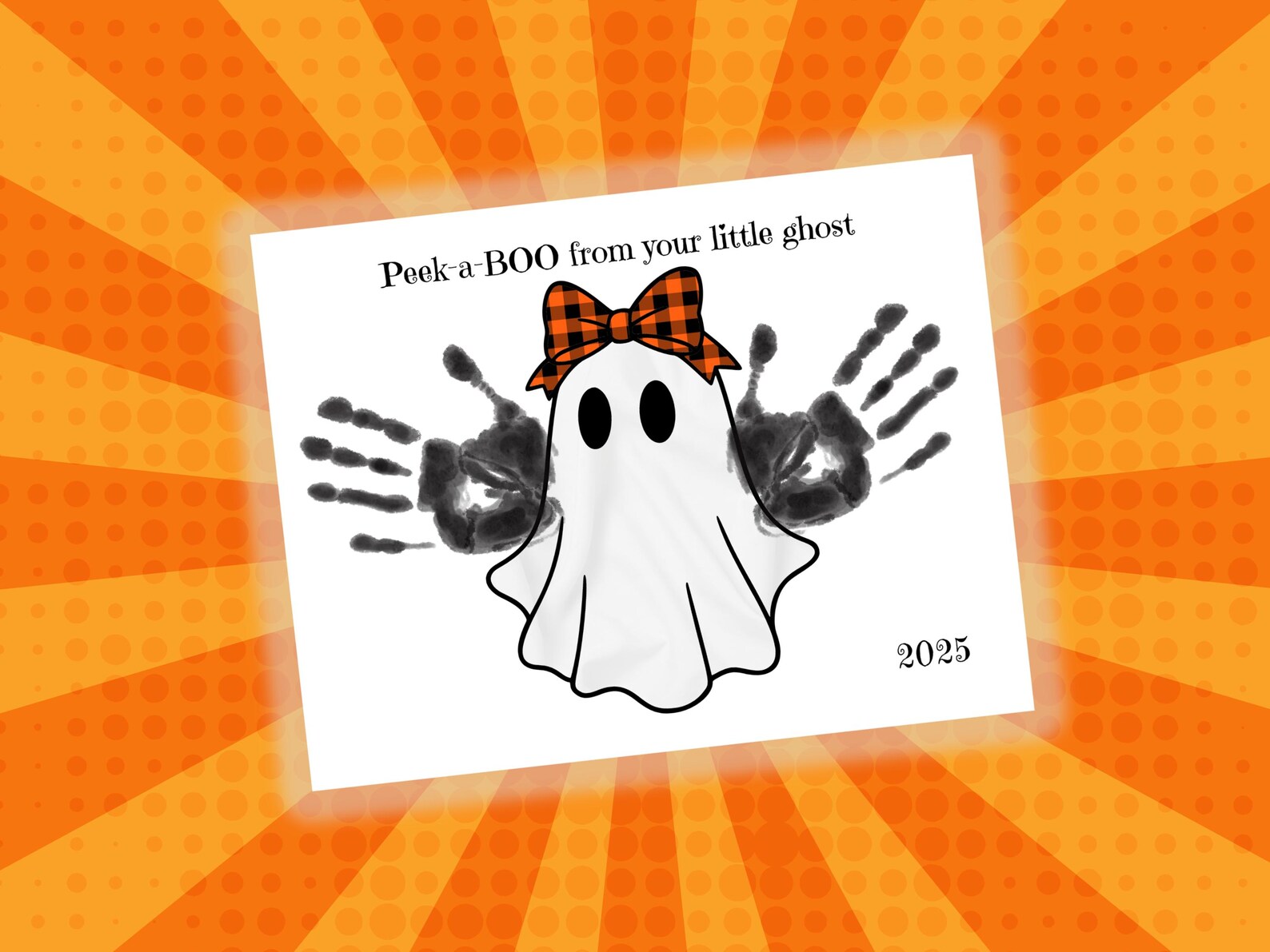 Halloween Handprint Keepsake, Halloween Ghost With Orange Plaid Bow ...