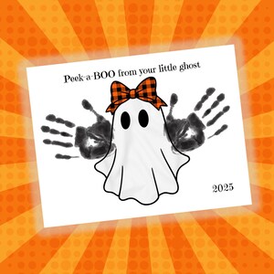 Halloween Handprint Keepsake, Halloween Ghost With Orange Plaid Bow ...