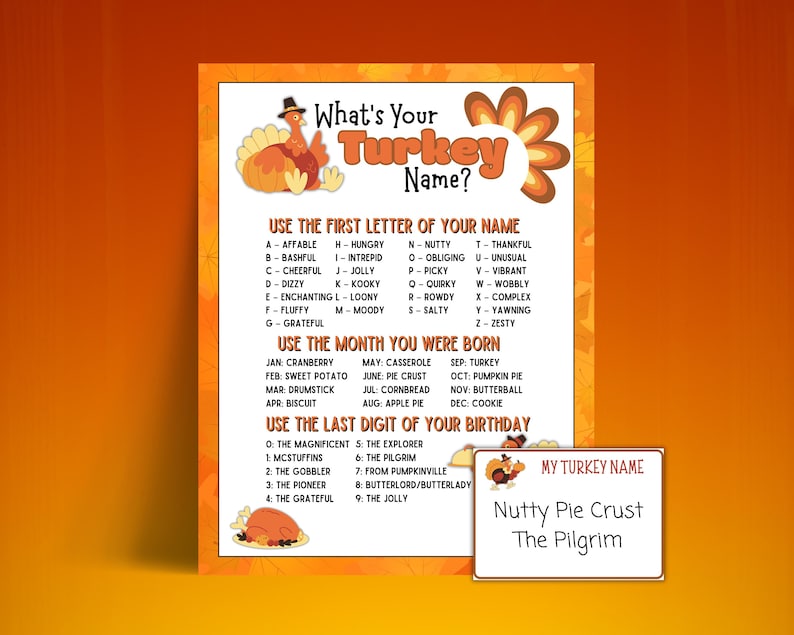 What’s Your Turkey Name? Thanksgiving Dinner Printable Game + Name Tags ...