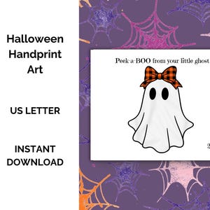 Halloween Handprint Keepsake, Halloween Ghost With Orange Plaid Bow ...