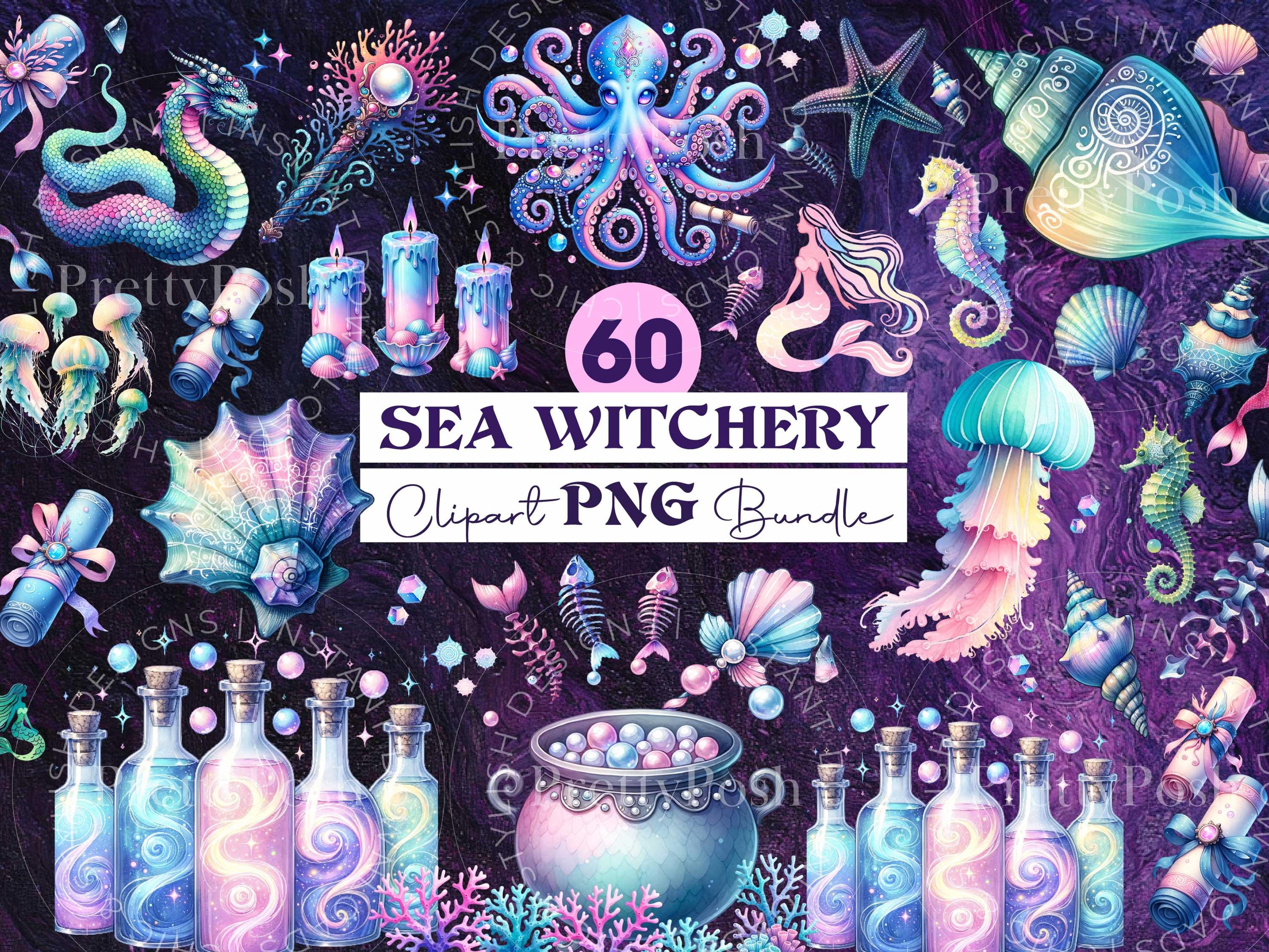 Watercolor Sea Witchery Clipart PNG Bundle, Ocean Magic Clip Art, Mystical Sea Life Clipart ...