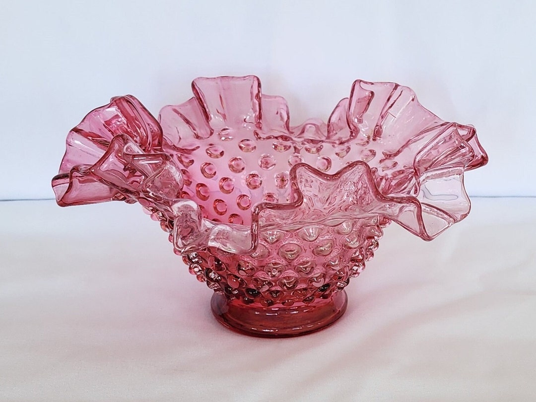 Vintage Fenton Ruby Overlay Cranberry Hobnail Bowl Crimped Edge 7 Inch ...