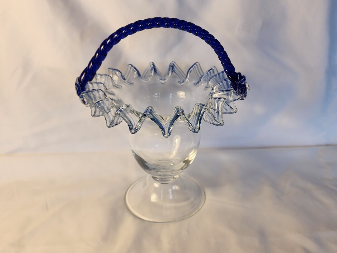 Hand Blown Glass Pedestal Dish With Ruffled Edge and Blue Handle 10 ...