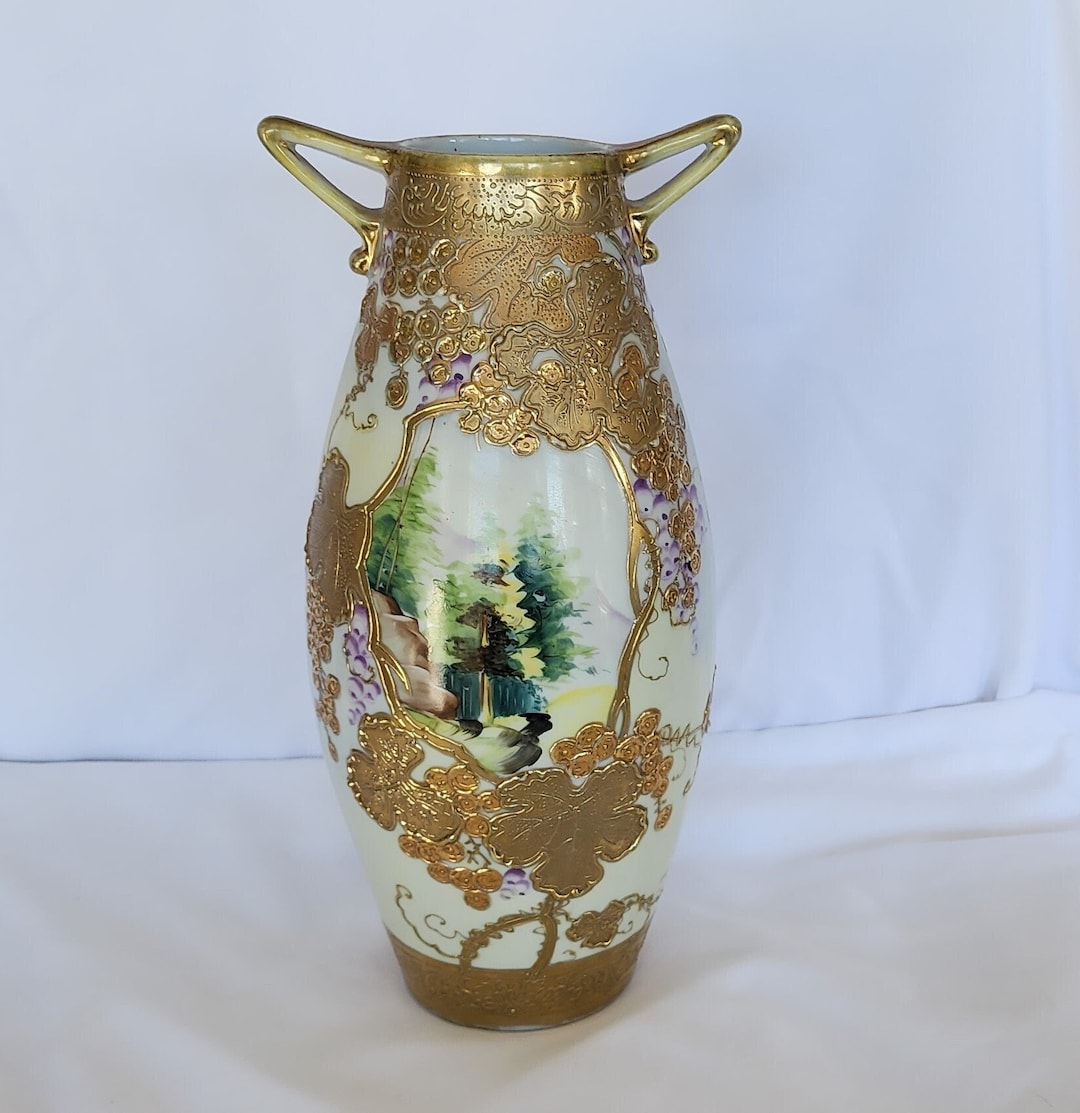 Vintage Vase Nippon Yamato Hand Painted Gold Moriage 12 Inch - Etsy