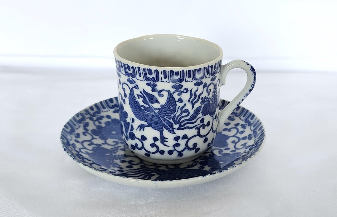 Vintage Phoenix Bird Blue Demitasse Espresso Tea Cup and Saucer Japan ...
