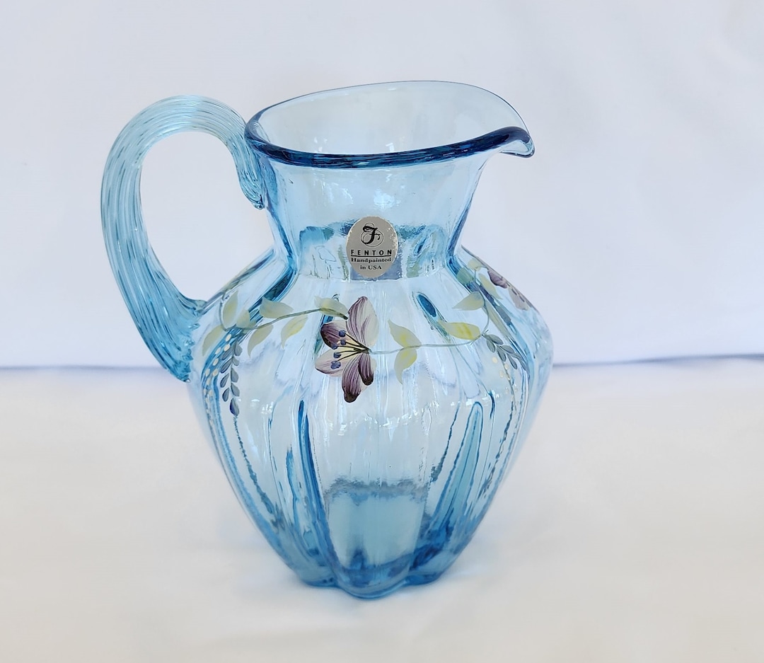 Fenton Glass Pitcher 5.5 Inch Ice Blue With Bell Flowers Hand Painted ...