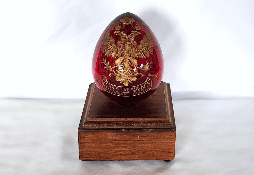 Russian Faberge Style Ruby Red Etched Glass Egg Double Headed Eagle ...