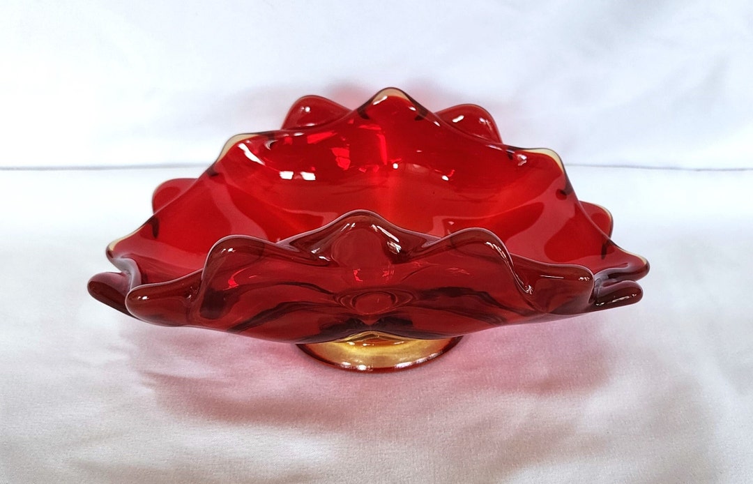 Viking Glass Red Amberina Double Crimped Footed Dish 7 3/4" Glows - Etsy