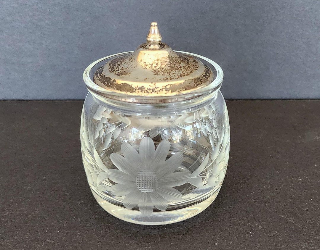 Etched Crystal Condiment Jar With Silver Lid Daisy Design - Etsy